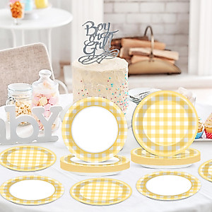 48Pcs Yellow Gingham Paper Dessert Plates Yellow and White Party Supplies Yellow Checkered Tableware Party Decorations Plaid Plates Dinnerware for Boys Girls Birthday Picnic Bride Shower Favor 7”