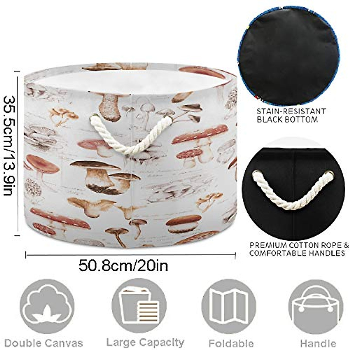 visesunny Storage Basket Hand Drawn Mushroom Nursery Hamper Basket Clothes Toy Storage Organizer Bin Box Collapsible Laundry Bag for Kid Room,Playroom,Bathroom,Living Room,Dorm,Office