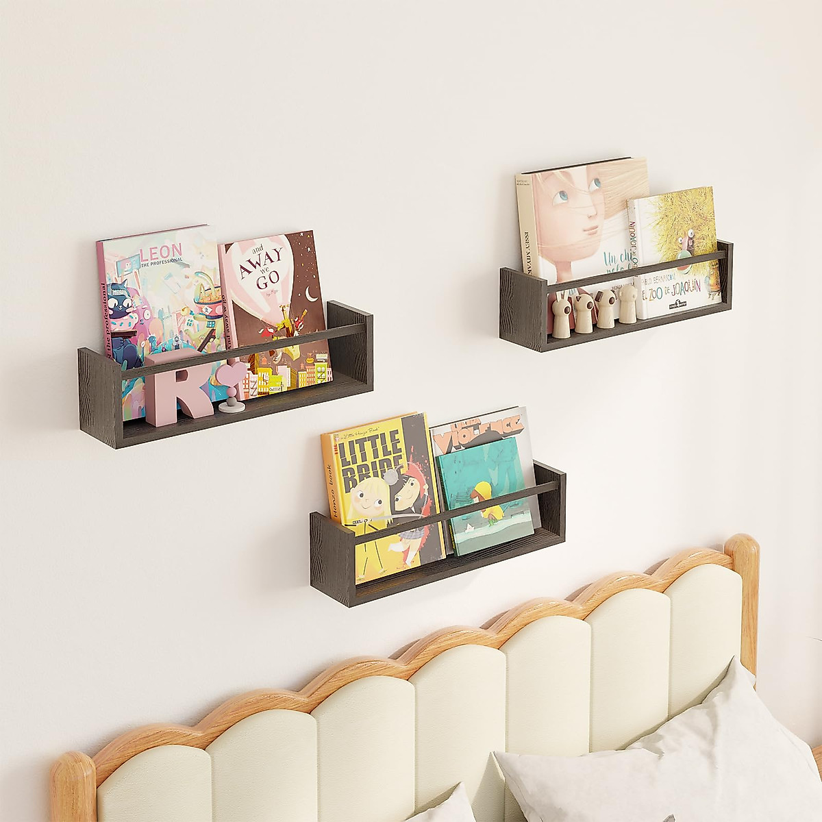 Fixwal Nursery Book Shelves, 16.5 Inch Floating Bookshelves for Wall Set of 3, Baby Nursery Decor, Solid Wood Wall Mounted Shelves for Books, Toys and Decor Storage (Brown)