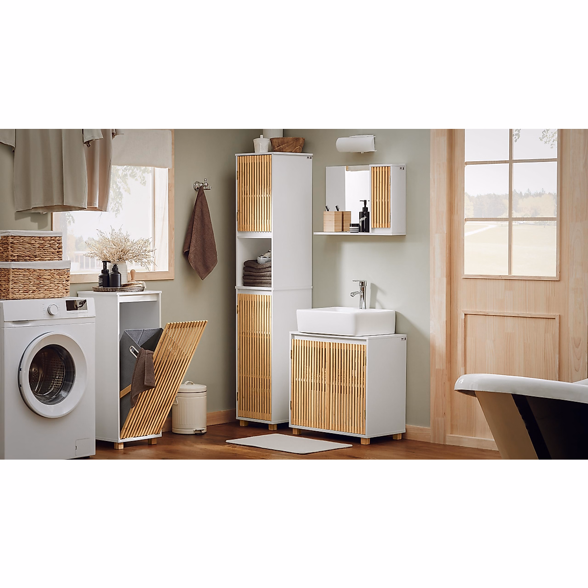 SoBuy Bathroom Tall Cabinet with Hollow Cabinet Door, 2 Doors, 6 Compartments Bathroom Shelves, Storage Rack, Freestanding Storage Cabinet Shelf, Natural and White, BZR127-W