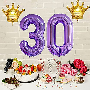 Purple 30 Number Balloon 40 inch Jumbo Foil Balloons with Detachable Crown Foil Prom Balloon for 30th Birthday Party Decoration 30 Wedding Anniversary Photos Props Supplies