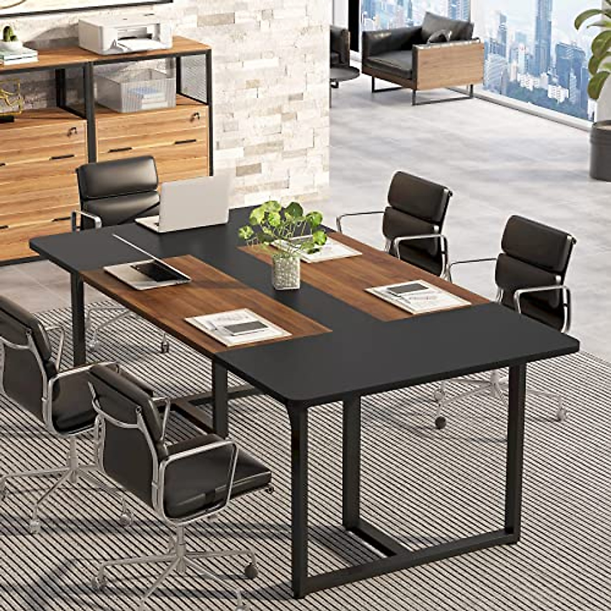 Rectangle Conference Table with Spliced Board, 6FT Long Meeting Seminar Table up for 8 People, Industrial Business Large Office Conference Room Table Boardroom Desk for Home Office, Dining Room
