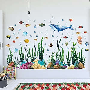 Under the Sea Wall Decals 2 Sheets Ocean Wall Decals Stickers Large Coral Reef and Seaweed, Bubbles Vinyl Wall Sticker Underwater Sea Wall Stickers for Toddler Baby Nursery Living Room Office Bathroom