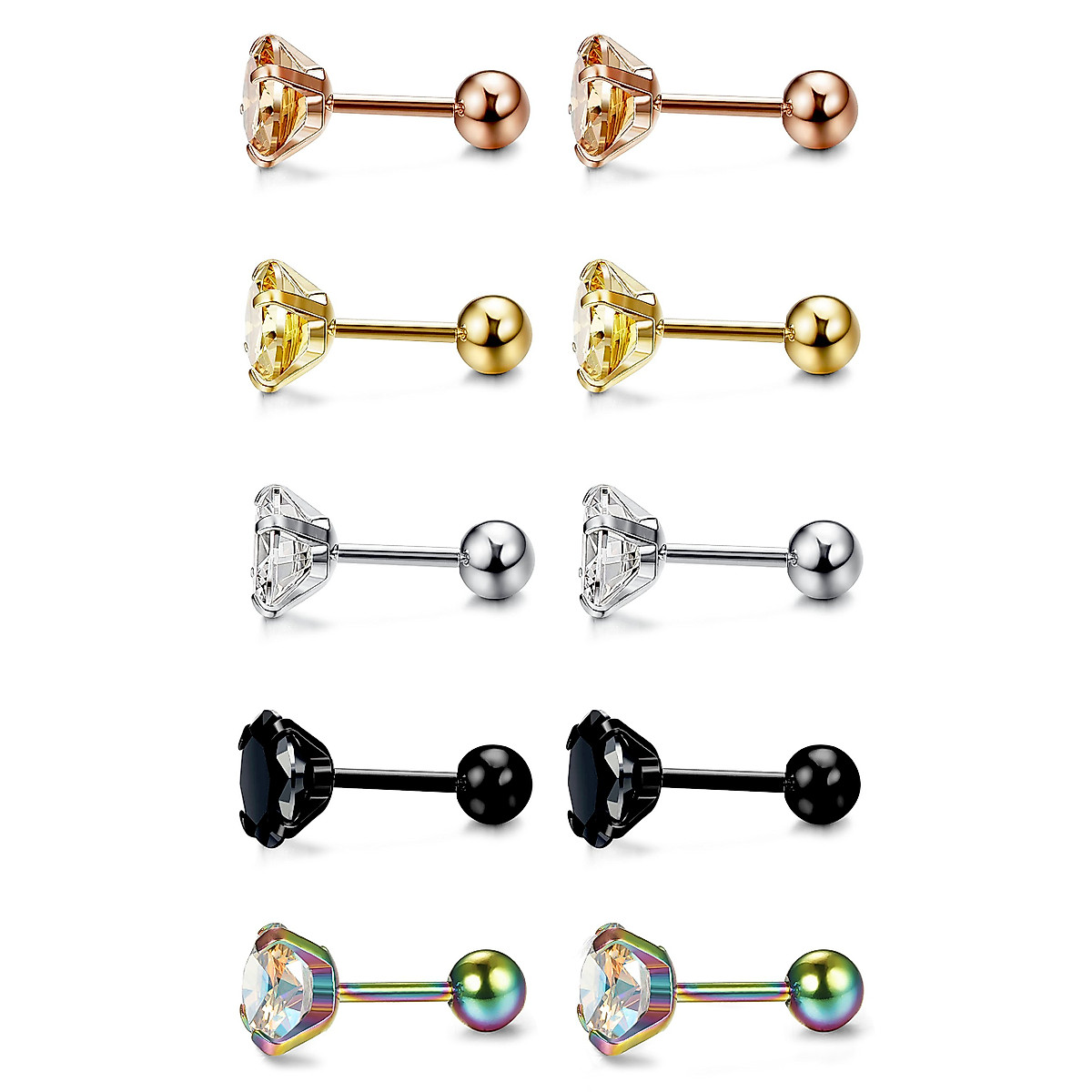 LOYALLOOK 5 Pairs Stainless Steel Cubic Zirconia Stud Earring Ear Piercings For Women 5 Colors 6mm