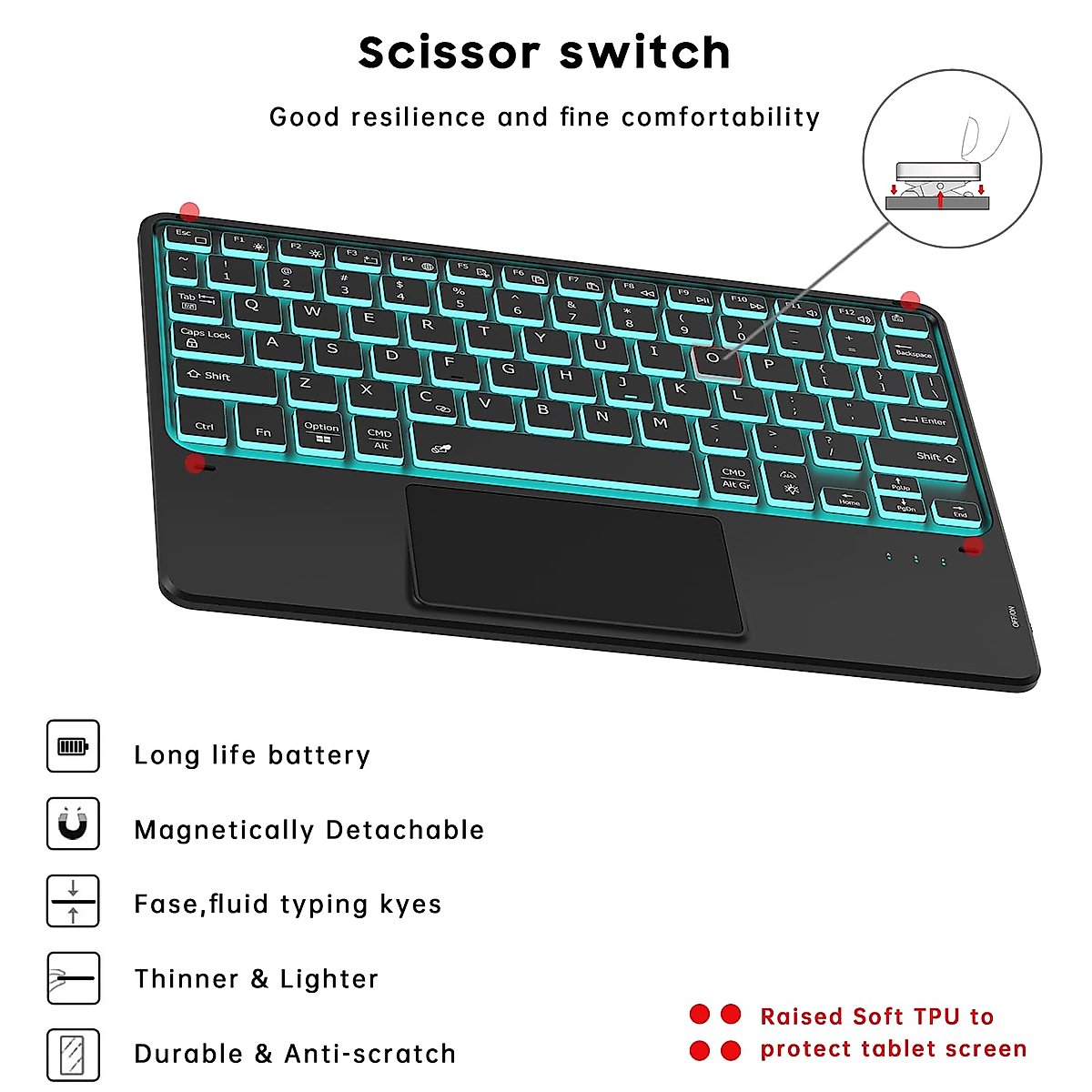 HEAPAO Touchpad iPad 10th Generation Case with Keyboard (10.9", 2022) - 7 Color Backlight, Multi-Touch Trackpad, Detachable Keyboard, Flip Stand Case with Pencil Holder for New iPad 10th 2022, Black