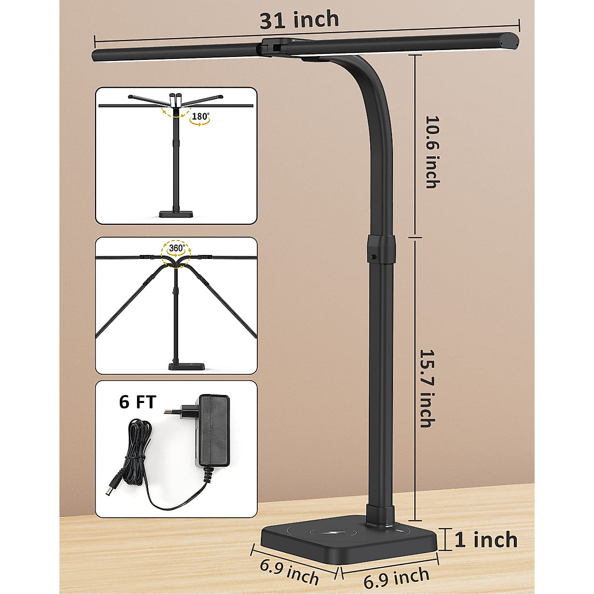 AKRRYR LED Desk Lamp for Home Office, Double Head 24W with USB Charging Port & Wireless Charger, Architect Light 5 Lighting Brightness Flexible Gooseneck Table Reading Study, Black