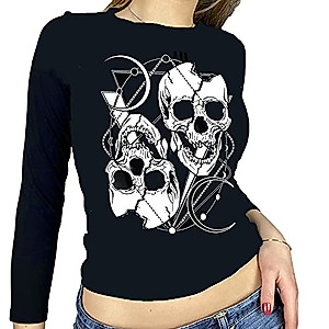 Women Teen Girls Cool Punk Top Blouse Women Funny Printed Top Blouse Women Long Sleeve Top Blouse White