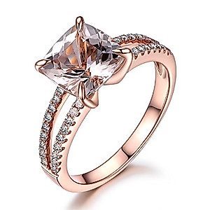 Pink Morganite Engagement Ring,8mm Cushion Cut Stone,Solid 14K Rose Gold,Split Shank Band