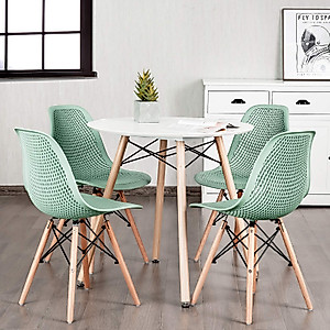 KOTEK Set of 4 Dining Chairs, DSW Molded Shell Plastic Side Chairs with Mesh Design, Solid Wood Legs, Mid-Century Modern Armless Side Chairs for Kitchen, Dining Room, Living Room (Green)