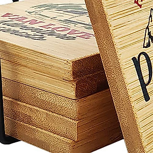 Haigoo Camping Coasters Set of 6, Happy Camper Bamboo Coaster with Holder, RV Lover Gifts Square Drink Coasters Suitable for Various Cups,Friends Home Bar RV Decor Camp Coasters