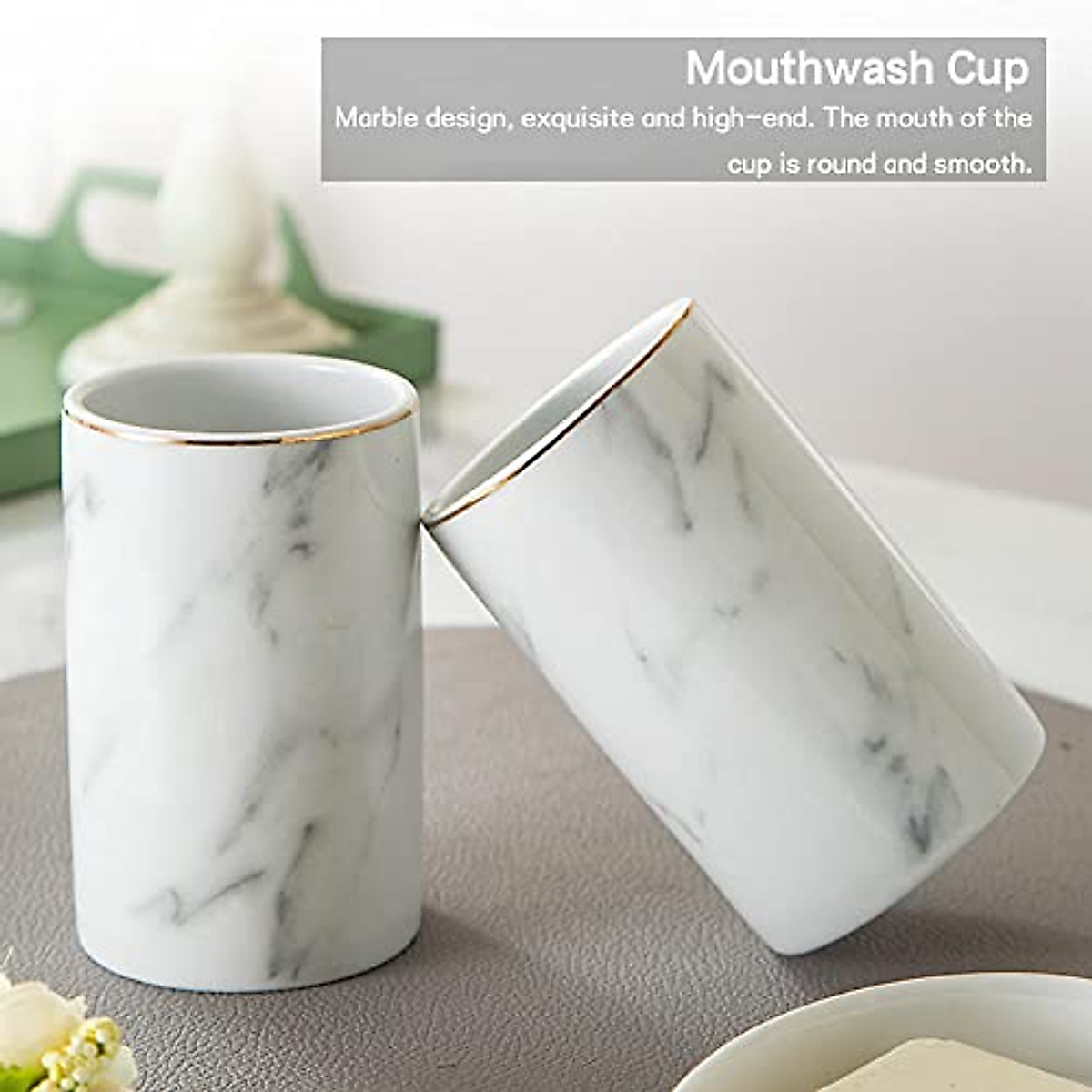 RUNLAIKEJI White Bathroom Accessories Set 4 Pcs,Home Bathroom Counter Set, Marbling Ceramic Bathroom Accessories with Soap Dispenser, Soap Dish, 2 Mouthwash Cups Box Packaging