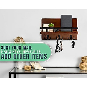 Comfify Natural Pine Wood Key Holder for Wall - Modern Decorative Finish with Metal Key Hooks and Mail Organizer/Sorter Slot - White