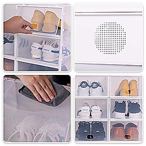 DHMAKER 6 pack Stackable Shoe Box, Thicken Foldable Clear Shoe Organizer, update Reinforced Design, Most Sturdy Shoe Storage Boxes - white