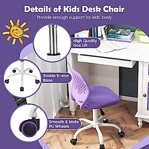 DORTALA Desk Chair for Teen, Kids Armless Swivel Small Cute Low-Back Mesh Office Chair Comfy with Adjustable Height, Lumbar Support, Ergonomic Computer Study Chair in Home Bedroom School, Purple