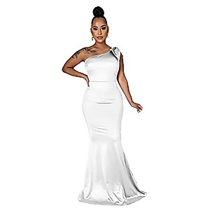 FairyLove Women's Fashion Ruched Bodycon Dress Sleeveless One Shoulder Wrap Satin Belted Cocktail Midi Dresses White