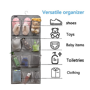 ANZORG Dual Sided Hanging Shoe Organizer for Closet with Rotating Hanger Hanging Shoe Rack Holder with 24 Large Pockets (Grey-Mesh Pockets)