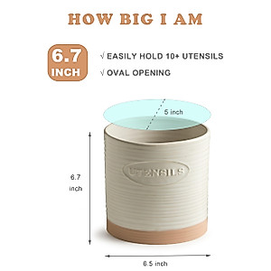 YHOSSEUN Utensil Holder for Kitchen Counter, Oval Utensil Crock Rustic Utensil Organizer for Countertop, 6.7" Ceramic Kitchen Tool Holder Two-tone Finish, Housewarming Cooking Gifts