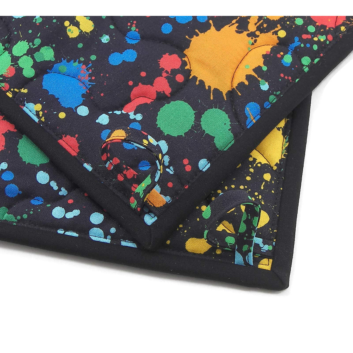 Colorful Hot Pads, Quilted Pot Holders - Color Splatters on Black Set of Two - 8 Inch Square