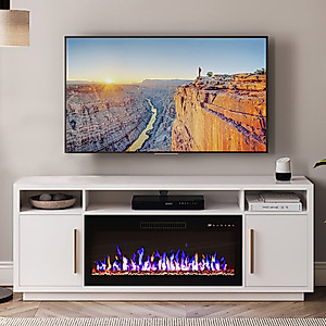 BELLEZE 70" Fireplace TV Stand for TVs Up to 80", LED Light Entertainment Center with 36" Electric Fireplace Heater, Storage Cabinet, Media Console Table for Living Room - Avenue (White)