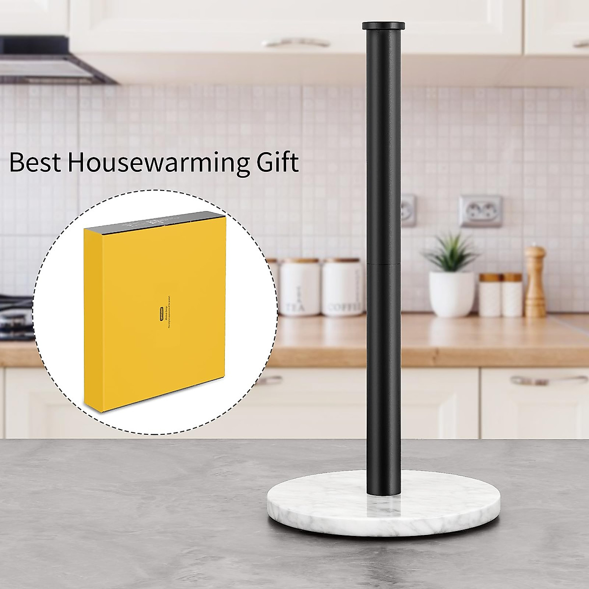 Paper Towel Holder Countertop, Jesginboo Kitchen Paper Towel Holder Stand with Natural Marble Base for Standard and Large Size Rolls (Black, 1 Pack)