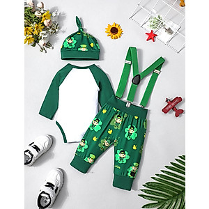 Queenstyle St Patricks Day Baby Boy Outfitt 3-6 Months My First St Patricks Day Baby Boy Outfit Romper Suspender Pants Print Hat 3Pcs Set