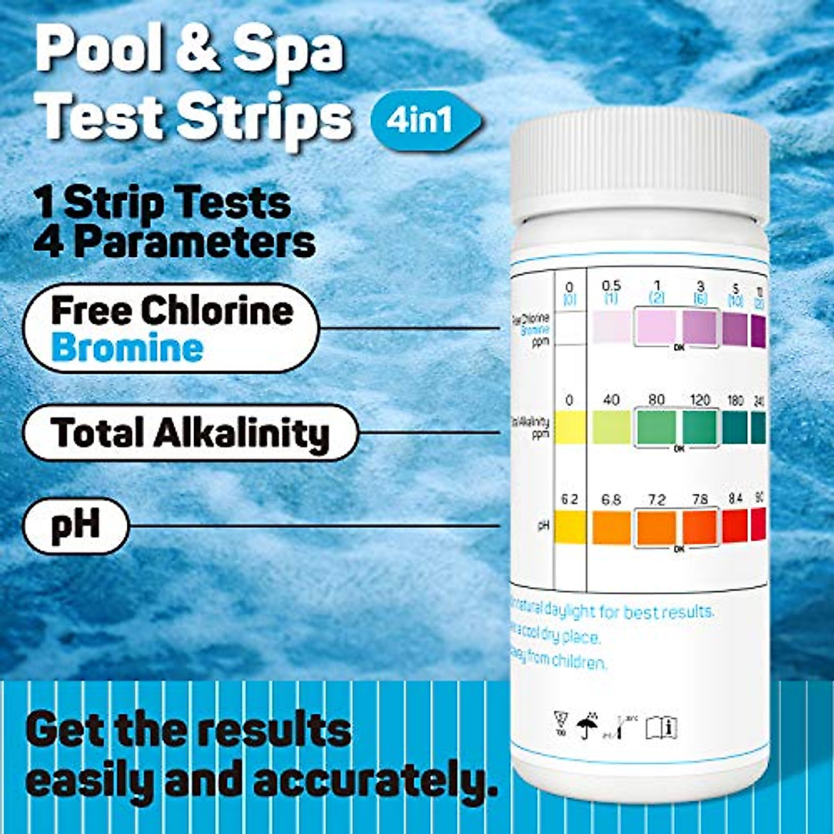 Pool and Spa Test Strips - Hot Tub Test Strips - 4 Way Quick & Accurate Chlorine Test Strips - 125 Pcs Test Hardness, Bromine, pH, Free Chlorine, Total Chlorine and Total Alkalinity - TESPERT