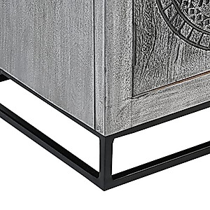 The Urban Port 63-Inch Handcrafted TV Media Entertainment Console, 2 Medallion Engraved Doors, Sandblasted Gray Mango Wood, Black Iron Stand