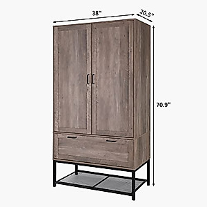 Karl home Armoire Wardrobe Closet, Freestanding Clothing Armoire with 2 Hanging Rods Doors Adjustable Shelves 1 Large Drawer Open Compartment, Wooden Retro Grey Clothes Cabinet for Bedroom Storage