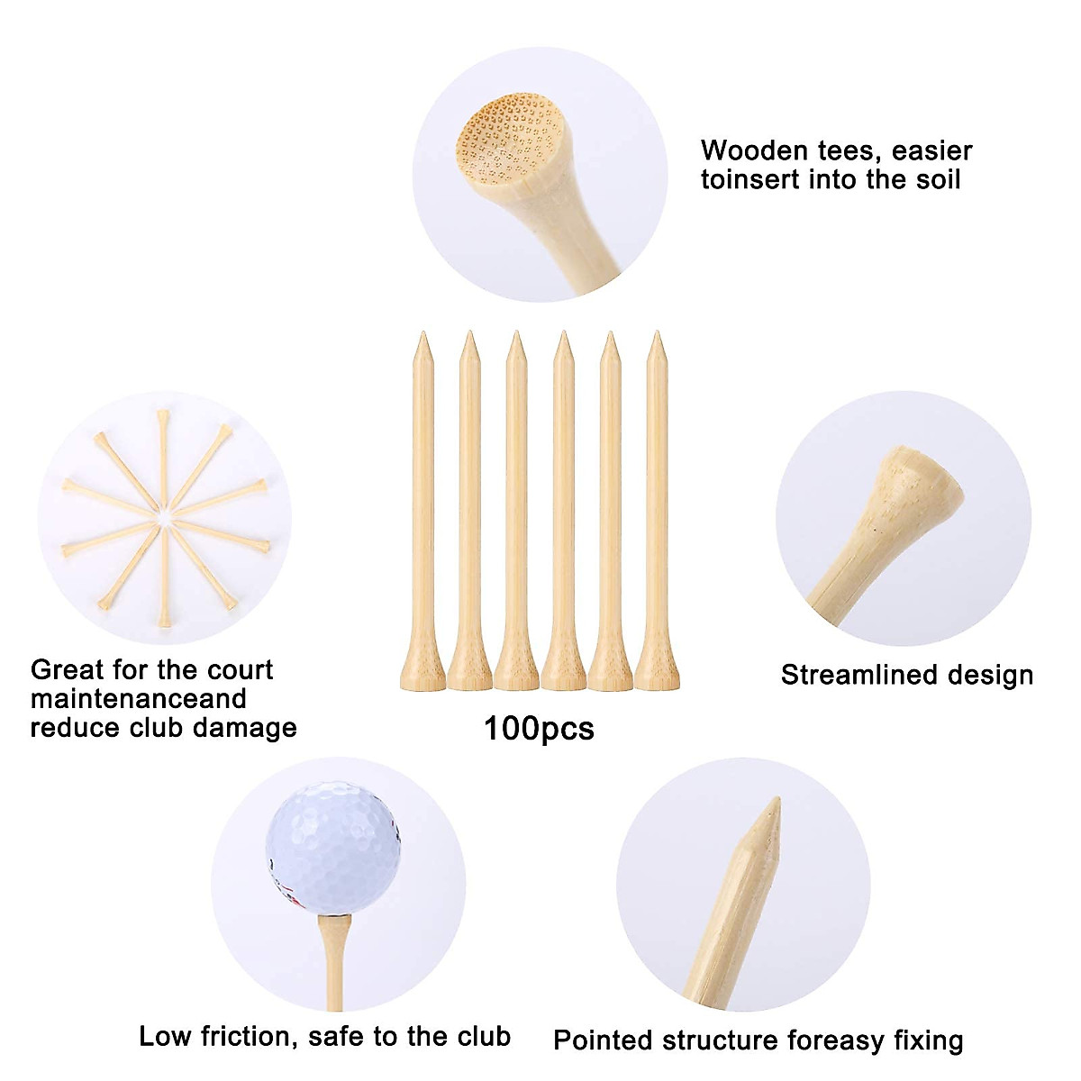 GFGL Golf Tees Durable Bamboo Tees 100Pcs 3-1/4" Friendly Biodegradable Material Reduce Friction Side Spin More Stable (Primary)
