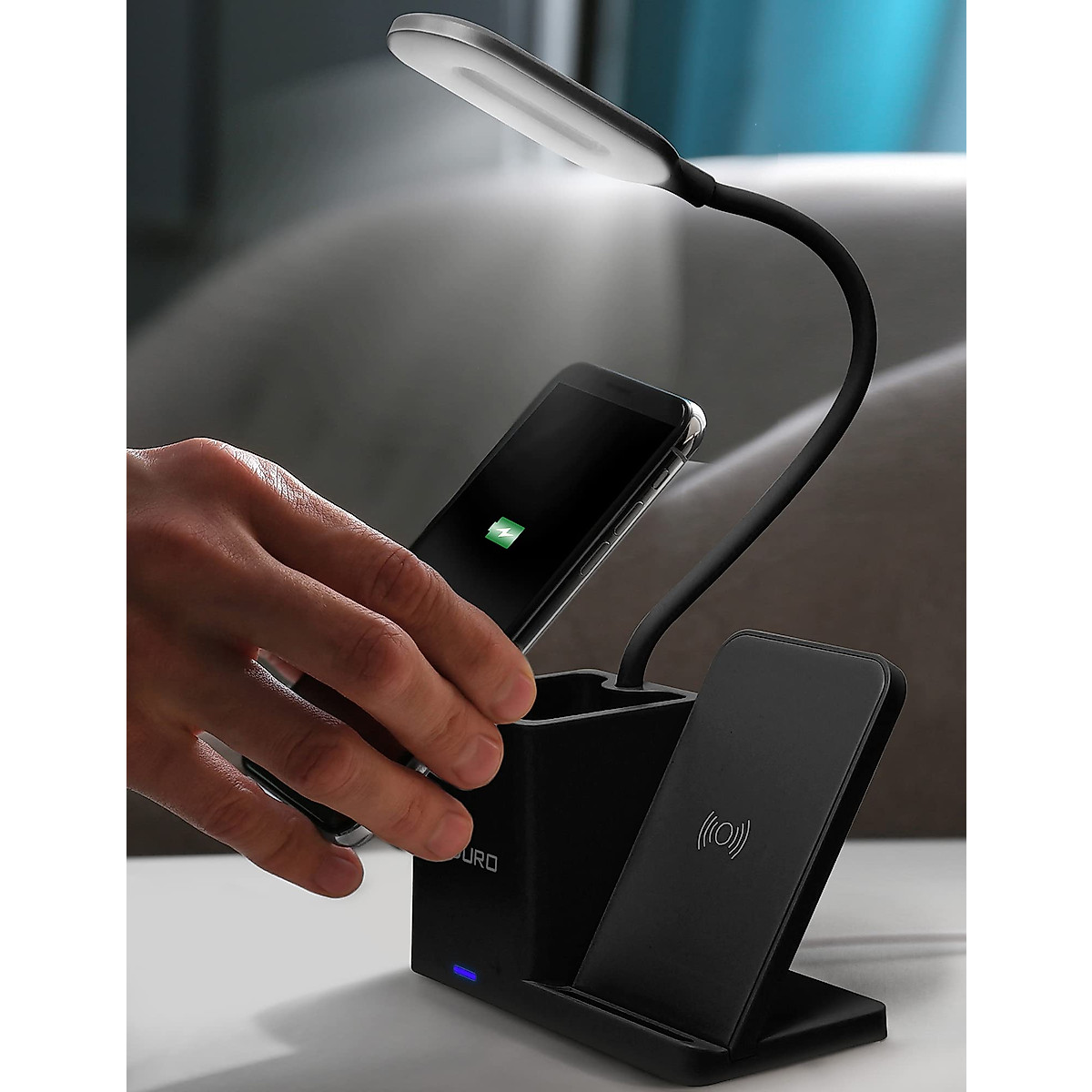 Aduro U-Light LED Desk Lamp Organizer Desk Light with Pen Holder & QI Wireless Charger Stand Black
