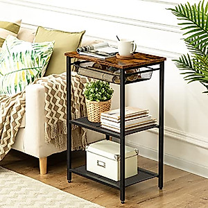 HOOBRO Tall Side Table, Industrial End Table with Adjustable Metal Mesh Basket, Telephone Table with Storage Shelf for in Bedroom, Living Room, Hallway, Easy Assembly, Rustic Brown BF02DH01