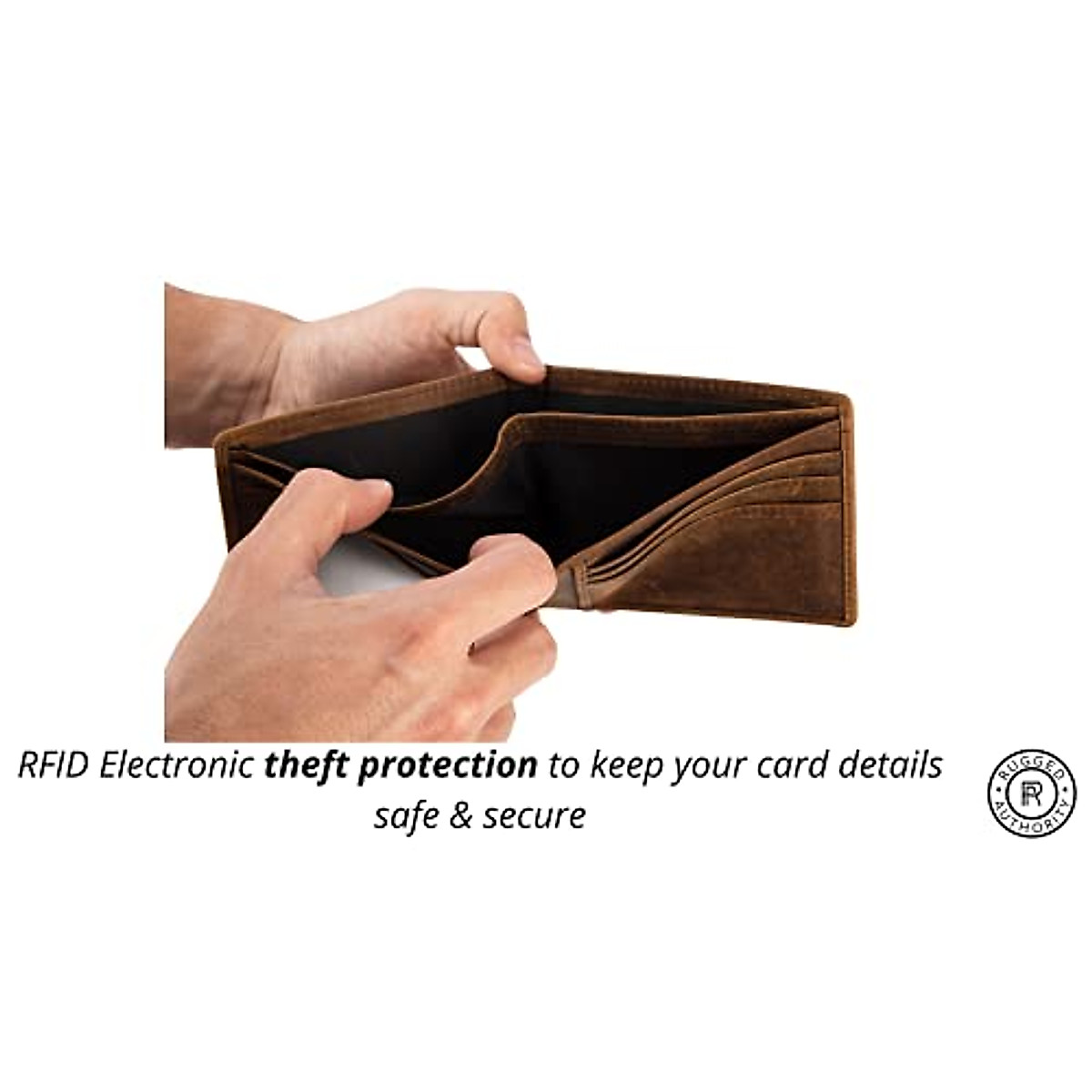 Rugged Authority Brown Mens Leather Bifold Wallet with RFID Blocking Theft Protection, 5 card wallet slots & ID Window. Slim minimalist, distressed leather wallets for men.