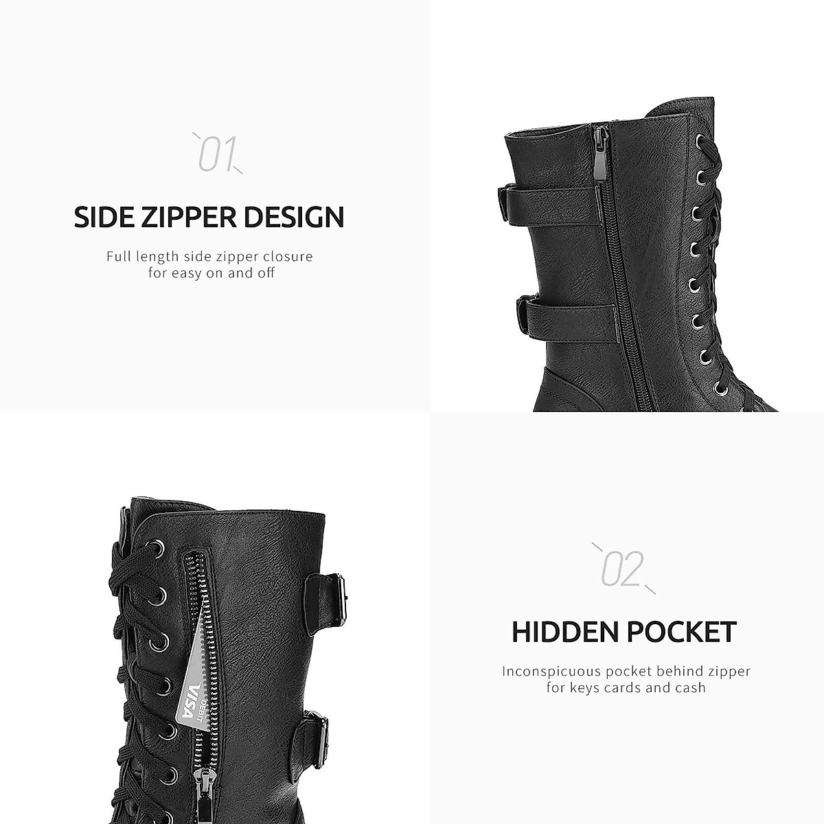 DREAM PAIRS Women's Combat Boots, Mid Calf Built-in Wallet Pocket Lace up Military Ankle Booties,Size 6.5,Black,TERRAN