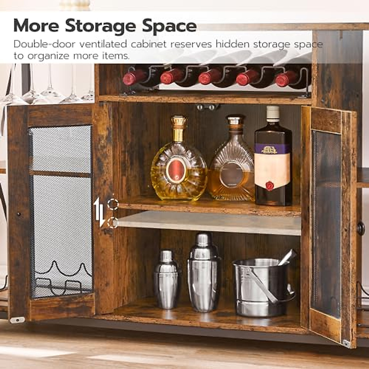 HOOBRO Wine Bar Cabinet with Led Lights and Power Outlets, Coffee Bar Cabinet for Glasses, Sideboard Buffet Cabinet, Liquor Cabinet for Dining, Living Room, Bar, Rustic Brown and Black BF13UDJG01