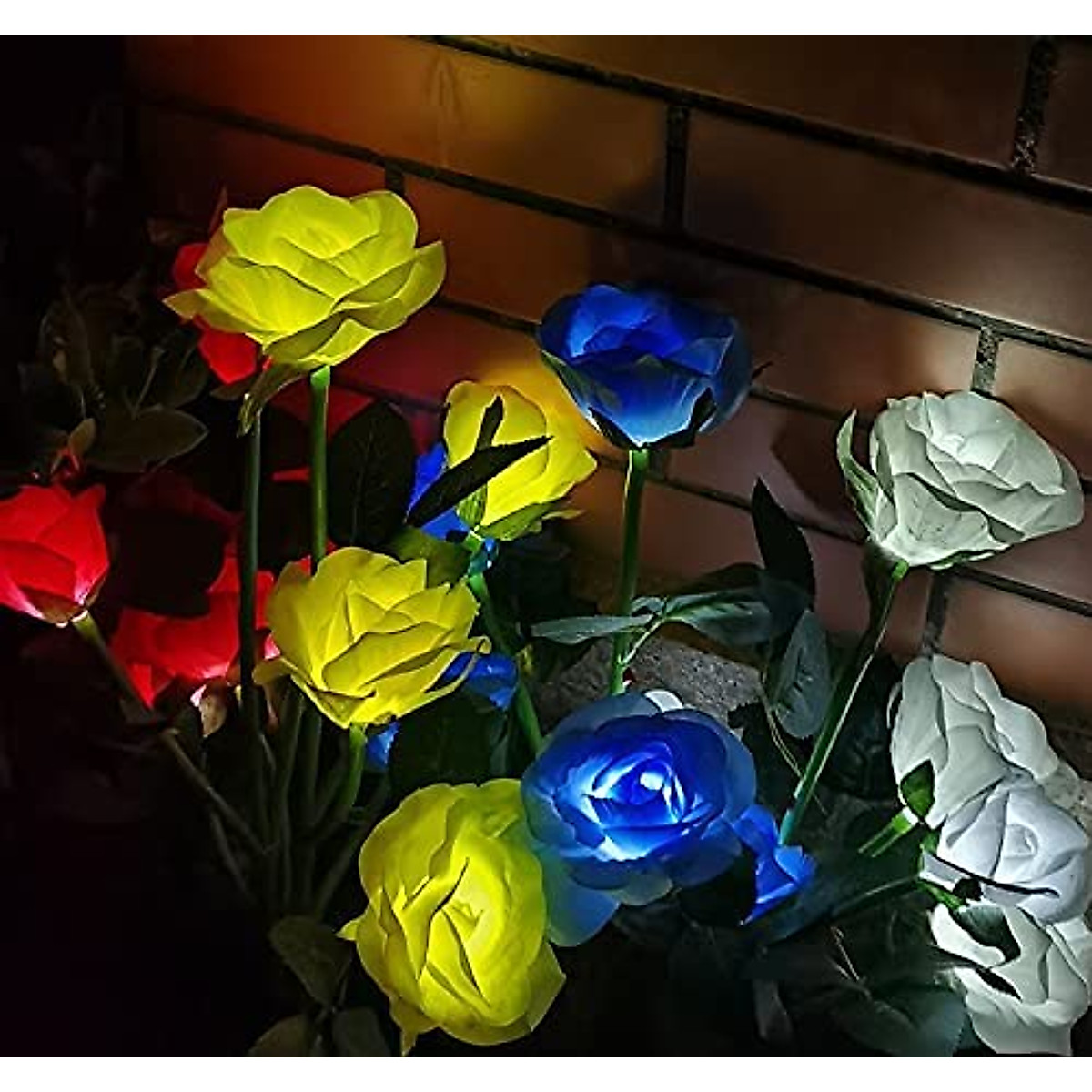 KAQ 2PACK-Outdoor Halloween Solar Garden Flower Lights with 5 Rose Flowers, Upgraded LED Solar Rose Lights with Stake, Waterproof Solar Decorative Lights for Wedding Halloween Decorations (Yellow)