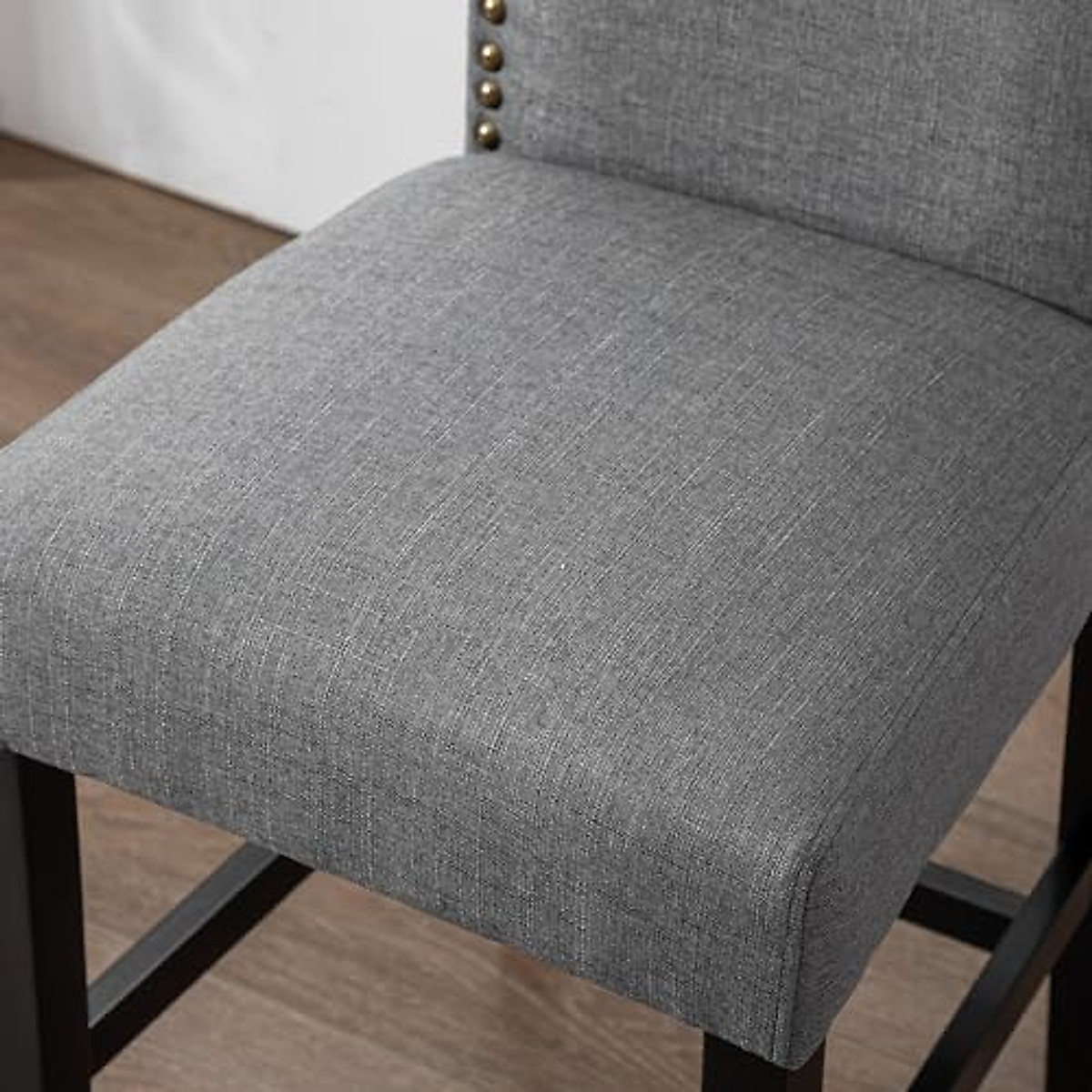 LSSPAID Bar Stools Set of 2, 24 inch Counter Height Bar Stool Kitchen Island Wood Bar Chairs, Fabric Upholstered Barstools with Bronze Nail Backrest, Grey