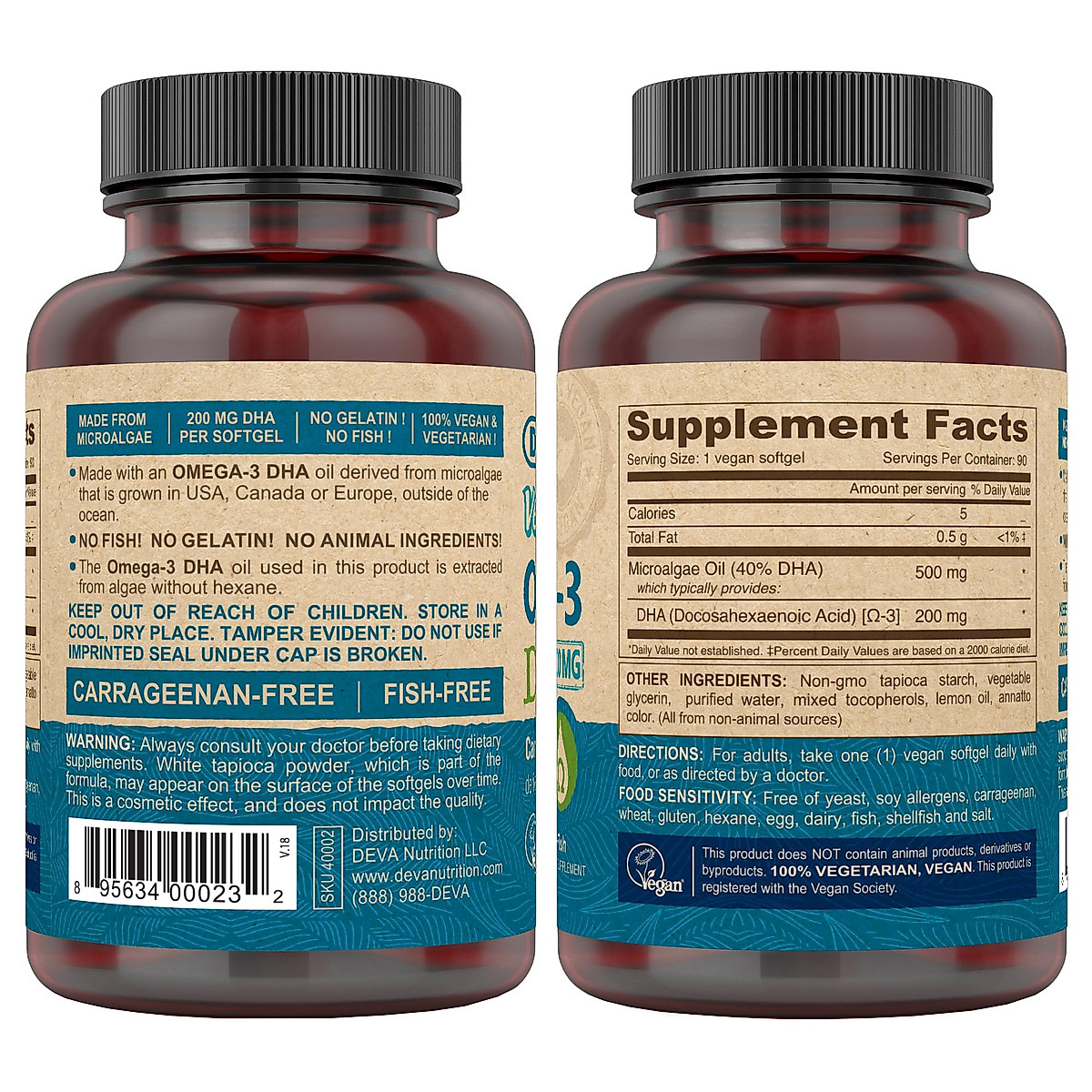 DEVA Vegan Omega-3 DHA Supplement, Once-Per-Day Softgel 200 MG, Carrageenan Free, Gelatin Free, Non-Fish, Algae Oil, Omega-3 Fatty Acids - 90 Softgels