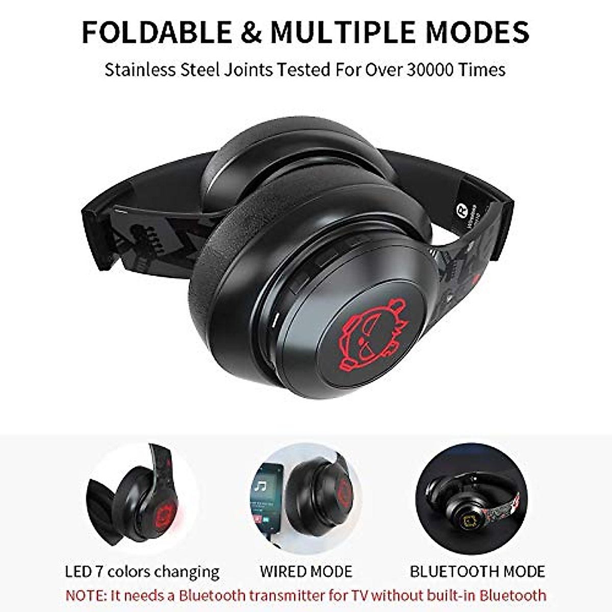 B.U Angry Bear, Bluetooth 5.0 Over Ear Headphones, Wireless/Wired, Built-in Microphone, 7-Color LED Light Display System, Deep Bass, Compatible with Smartphones, Tablets, Computers, and TV. (Black)