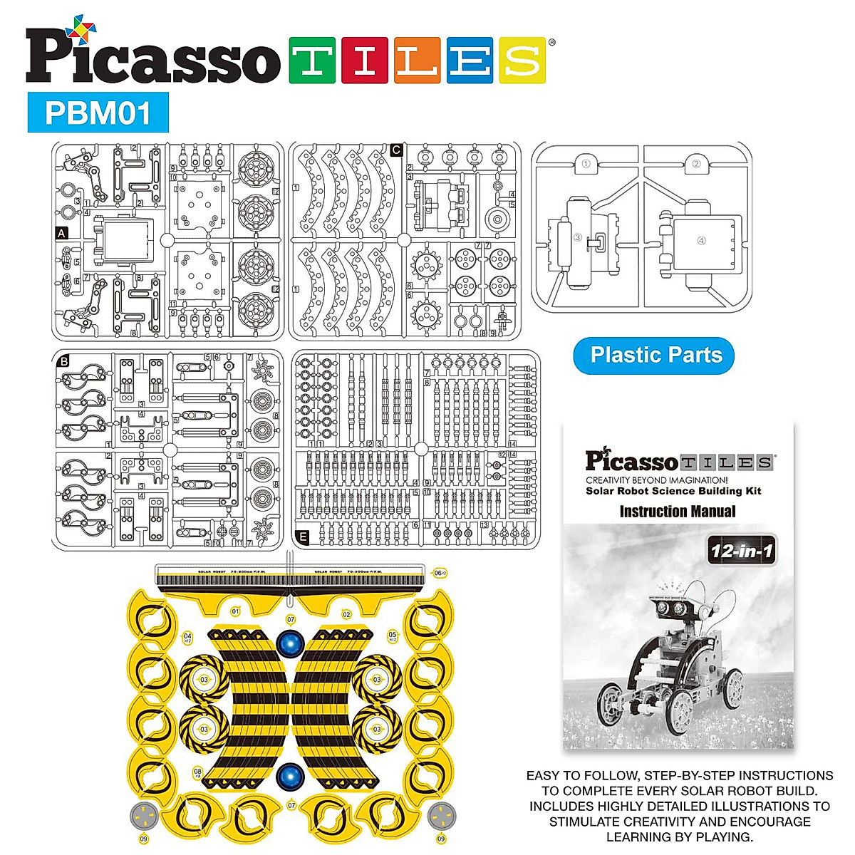 PicassoTiles STEM Kids Solar Powered Transformer Robot Educational Learning Engineering Building Toy 12-in-1 Creative Unique Transformation Renewable Energy Science Experiment DIY Kit Boy Girl Age 8+