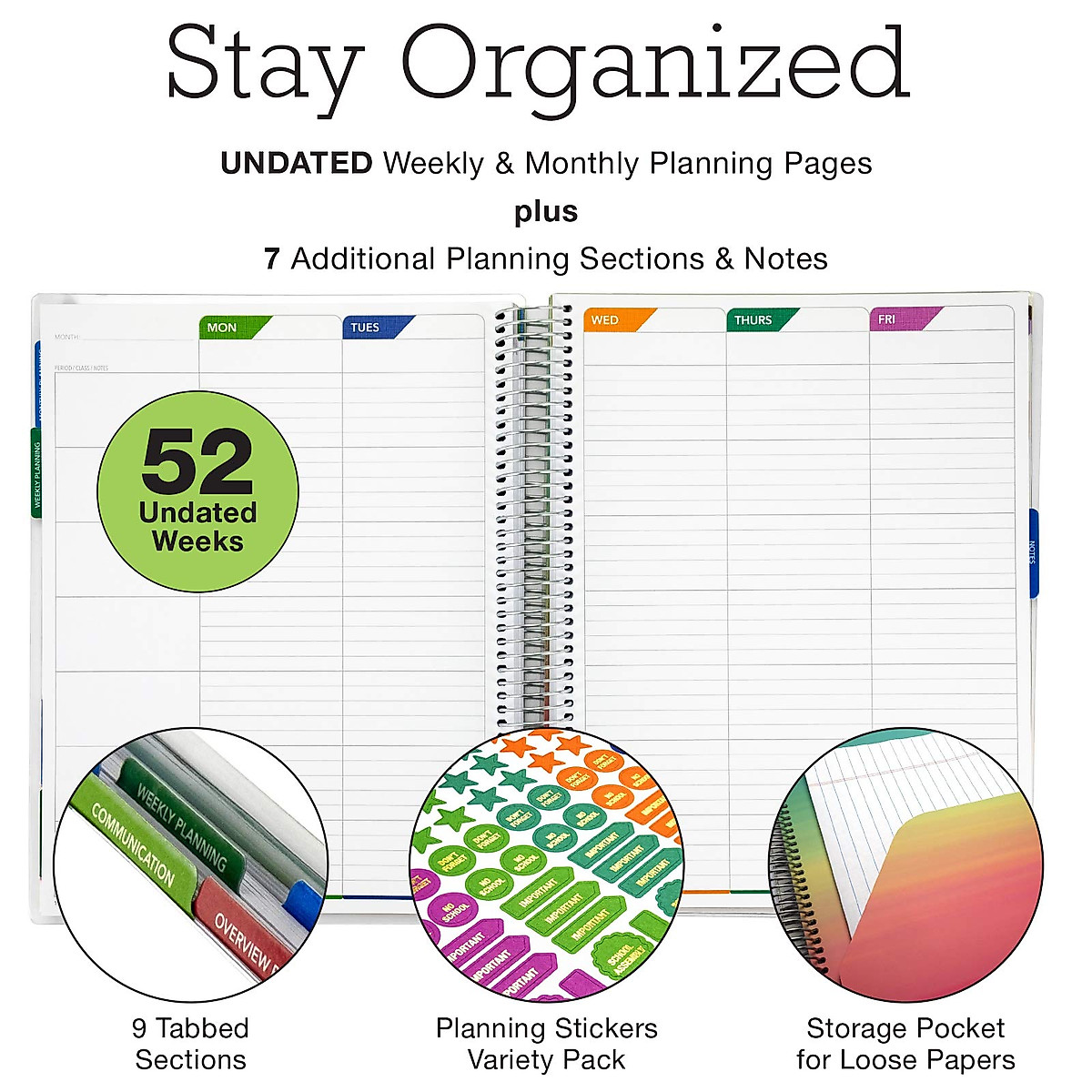 Elan Publishing Company Deluxe Undated Teacher Planner: 8.5x11 Includes 7 Periods, Page Tabs, Bookmark, Planning Stickers, Pocket Folder Daily Weekly Monthly Planner Yearly Agenda (Dark Blue Marble)