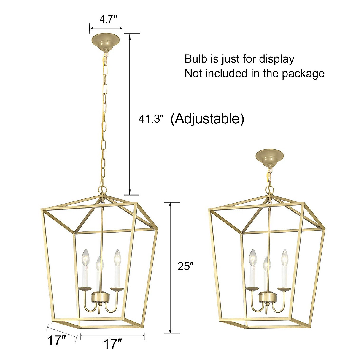 Foyer Lantern Pendant Light Fixture, Dst Gold Iron Cage Chandelier Industrial Led Ceiling Lighting, Size: D17'' H25'' Chain 45''
