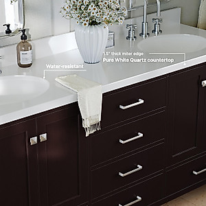 ARIEL Double Bathroom Vanity 73" Espresso with 1.5" Edge Pure White Quartz Countertop & Backsplash, Center Oval Sinks, 4 Soft Closing Doors, 6 Full Extension Dovetail Drawers, Brushed Nickel