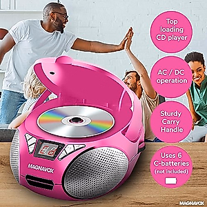 Magnavox MD6924 Portable Top Loading CD Boombox with AM/FM Stereo Radio in Black | CD-R/CD-RW Compatible | LED Display | AUX Port Supported | Programmable CD Player | (Pink)