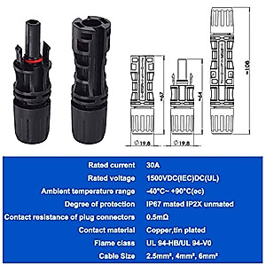 Leehitech PV Connector, Male/Female Multi-Contact Solar Panel Cable Connectors with 2 Pack Wrench, 1500V 30A IP67 Waterproof 6 Pairs (14~10 AWG)