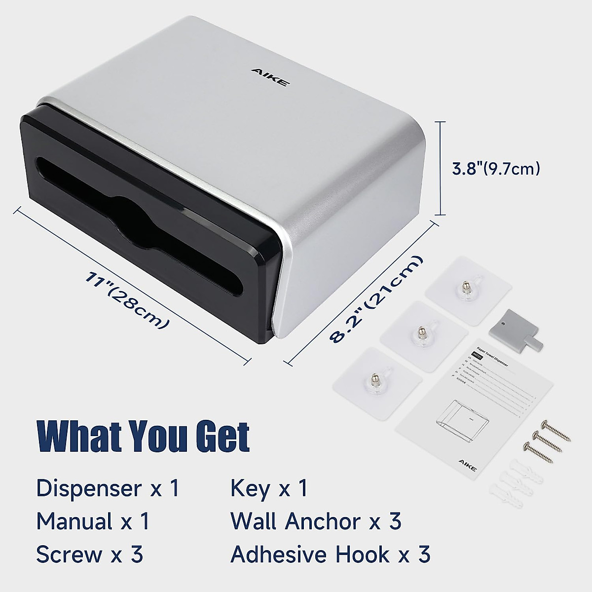 AIKE Multifold Paper Towel Dispenser, Wall Mount Tissue Dispenser with Smart Lock, 200 Sheets Silver, Folded Size 10" x 3.1" Or Smaller