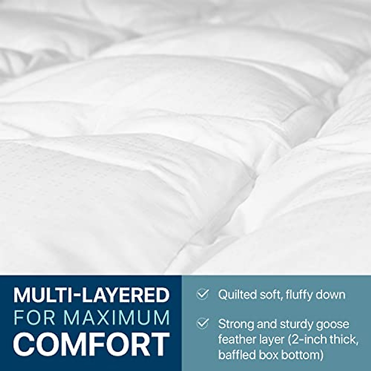 Allied Home 2" Queen Bed Mattress Topper w Goose Feathers & 300 TC Cotton Shell - Hypoallergenic Dorm Essentials Bed Pad - Quilted Down Mattress Topper For Queen Beds - Luxury 80”x60” Queen Bed Topper