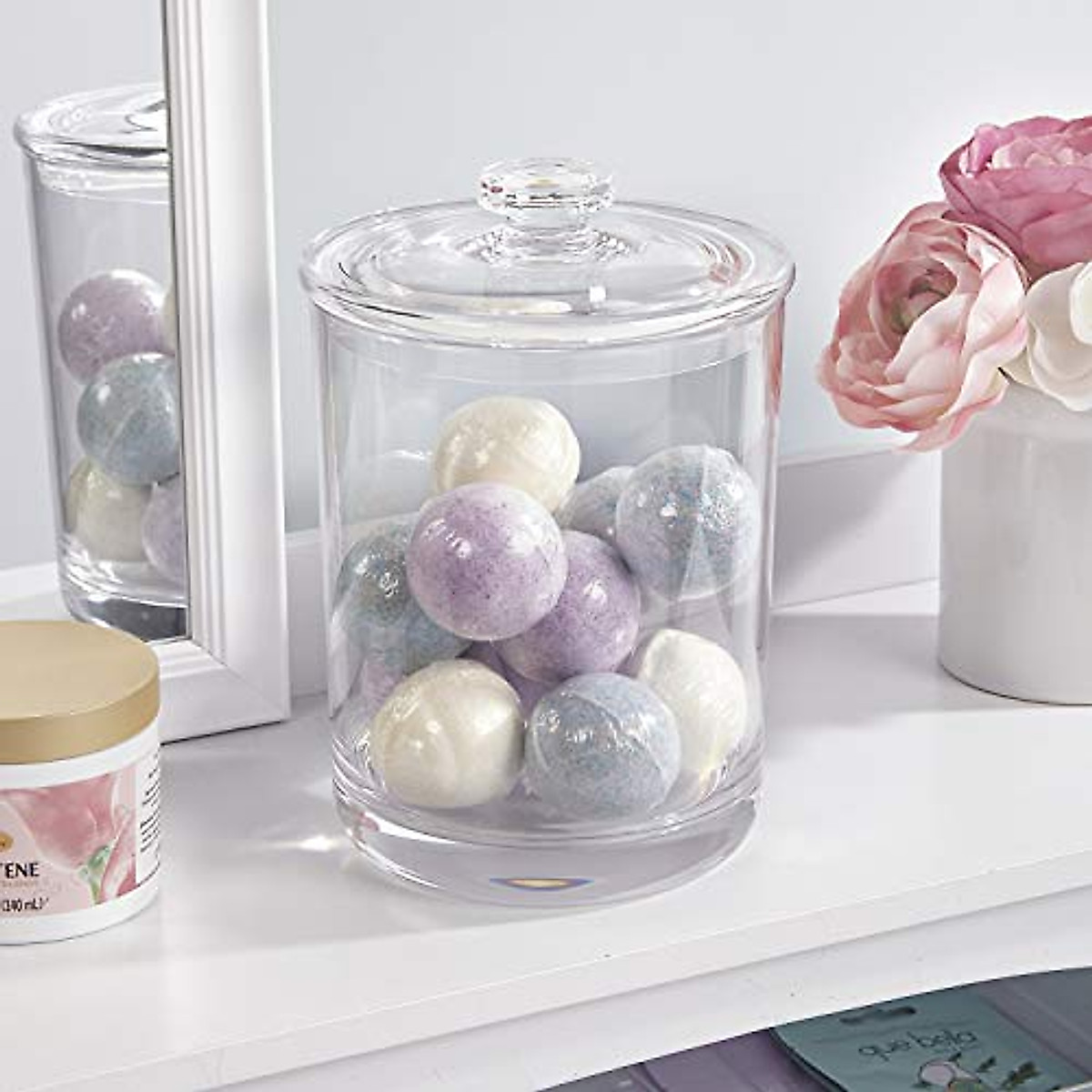 STORi Premium Quality Makeup and Cotton Ball Holders | 60-oz Clear Plastic Apothecary Jar with Lid | Perfect Storage Container to Organize Bathroom and Vanity