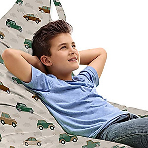 Lunarable Retro Car Lounger Chair Bag, Rhythmic Old Automobiles Driving City Life Vintage Motif Illustration, High Capacity Storage with Handle Container, Lounger Size, Pale Tan Laurel Green