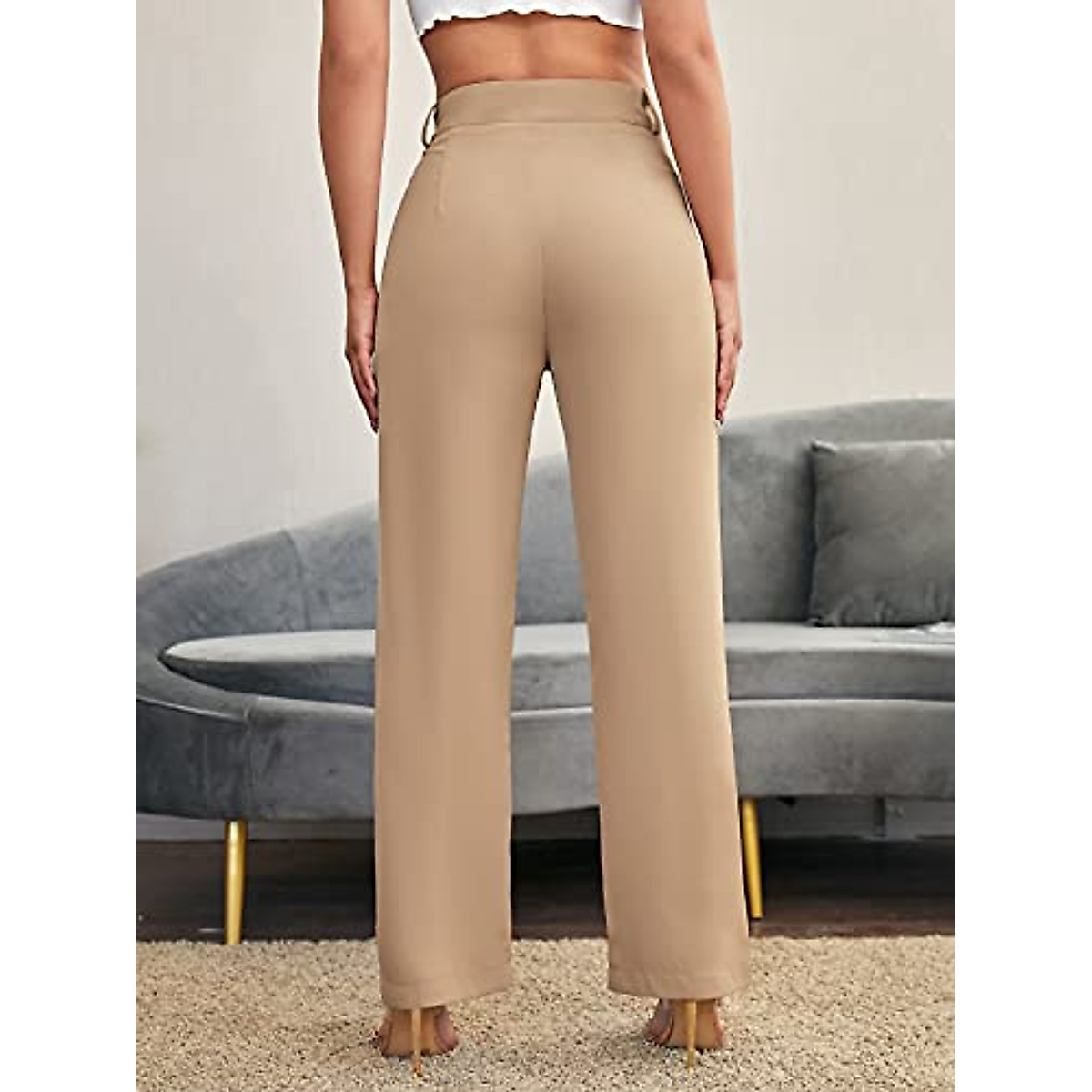SweatyRocks Women's Elegant High Waist Solid Long Pants Office Trousers Khaki M