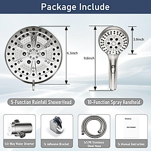 Shower Head With Handheld Combo, 7 Inch High Pressure Rainfall Showerhead With Hand Held 60 Inch Hose for Bath - One Click for High Pressure/Trickle Mode handheld Anti-leak Nozzles - Universal Fit